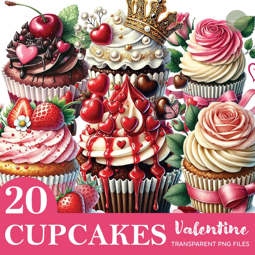 20 Watercolor Valentines Cupcake Clipart Bundle, Valentine Day Dessert ...