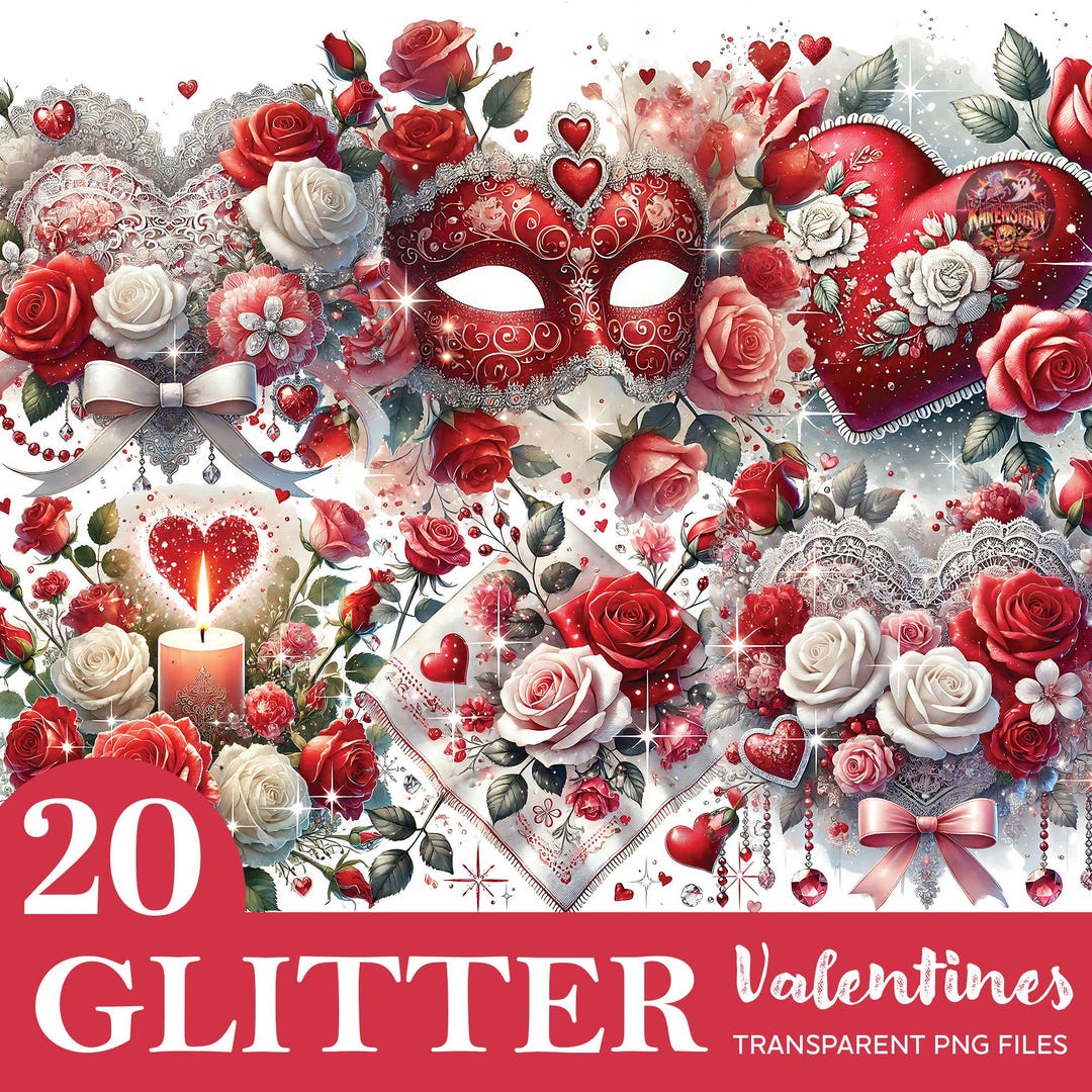 Heart Glitter Clipart Bundle, 20 PNG Valentines, Red Roses Clipart ...