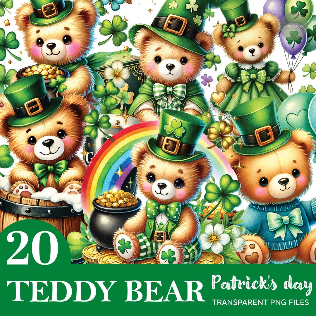 20 Watercolor St Patricks Teddy Bear Clipart, St Patricks Day Png ...