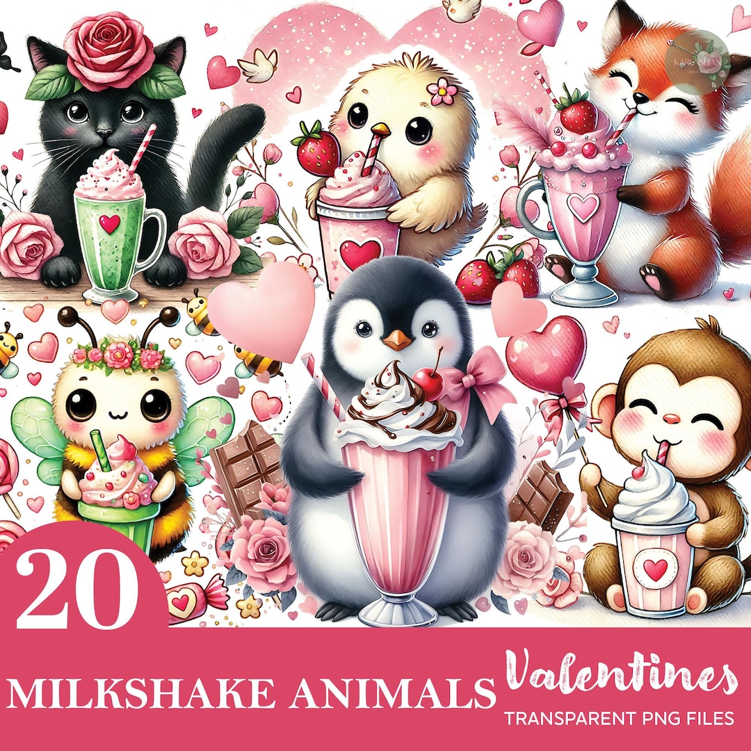20 Watercolor Cute Milkshake Animals Clipart Bundle, Cute Animal Png ...