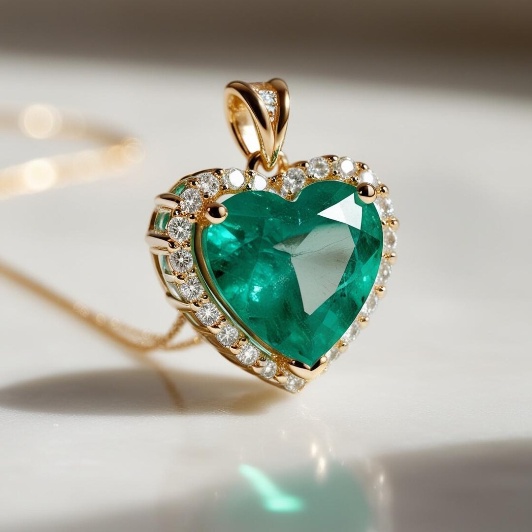 Diamond & Emerald Heart Pendant - 18k Gold Bridal Wedding Pendant ...