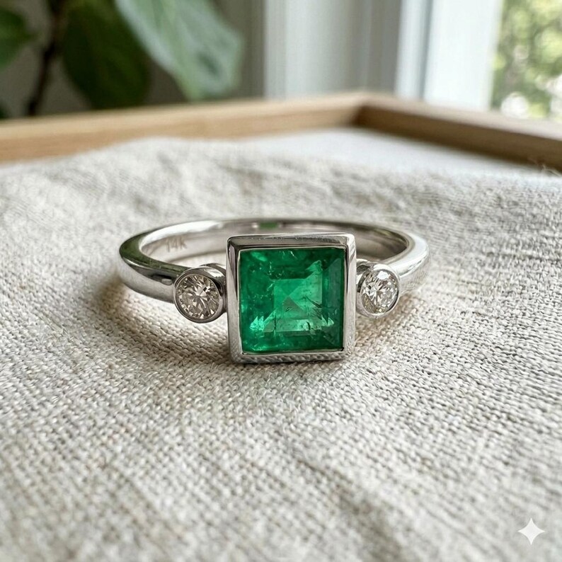 Square Cut Natural Emerald Diamond Ring - in 14k Solid Gold Engagement ...