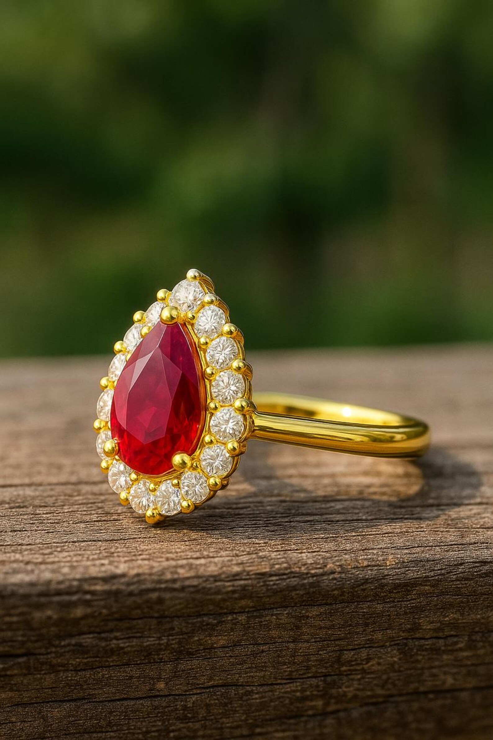 Pear Ruby Ring - 14k Gold Diamond Halo, Antique Style Ring - Etsy
