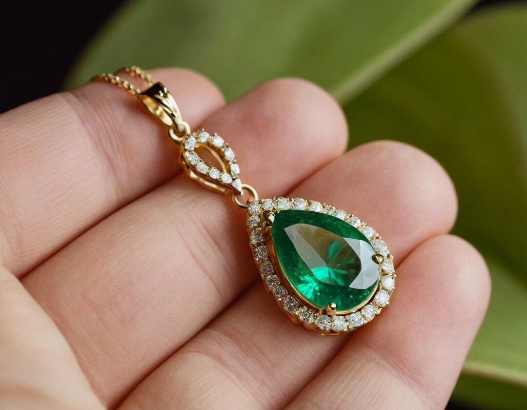 Teardrop Emerald Pendant - 14k Gold Emerald Diamond Pendant - Women ...