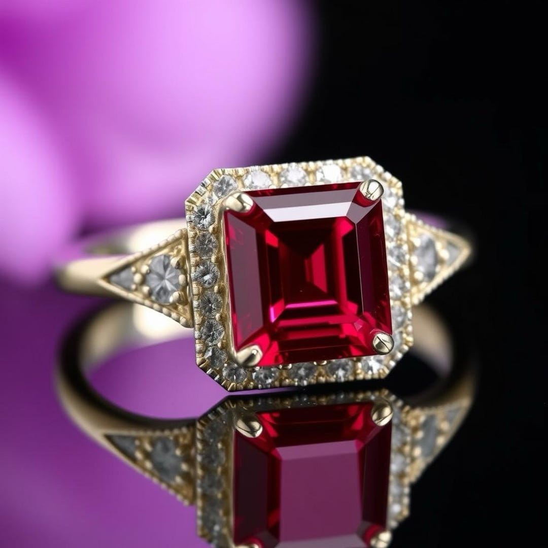 Octagon Ruby Ring - 14k Gold Ruby Diamond Ring - Unique Birthday Gift for Wife - Modern Ruby ...