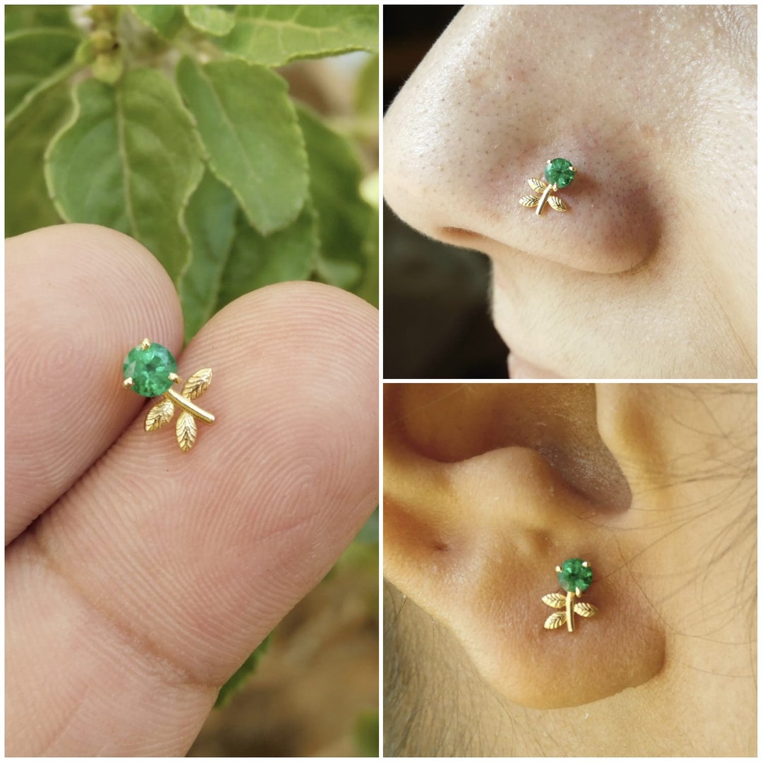 14K Gold Natural Emerald Piercing and Nose Pin , Screw Ball Piercing ...