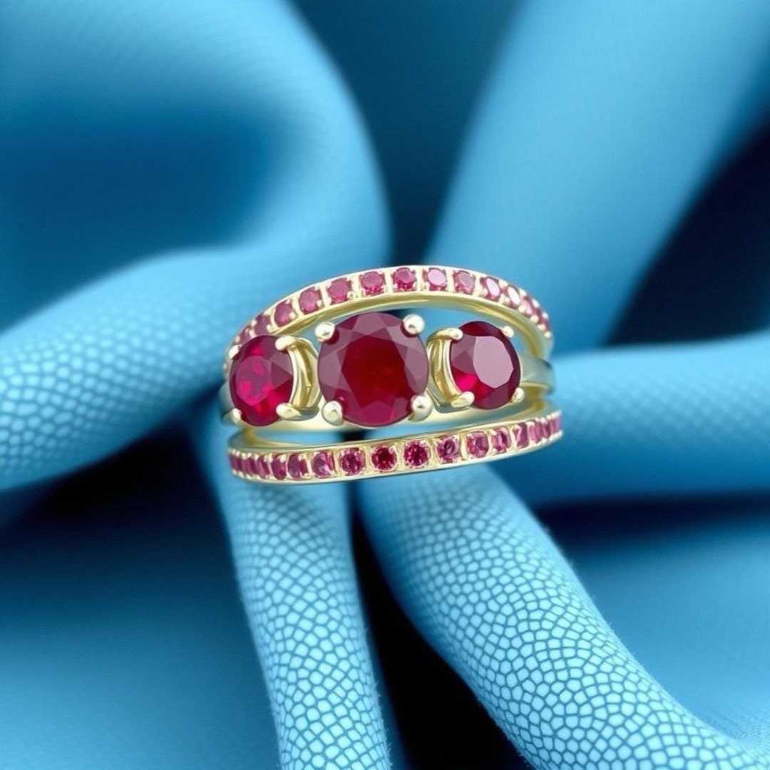 Solitaire Natural Ruby Ring - 14k Gold Ruby Ring - Three Band Ring ...