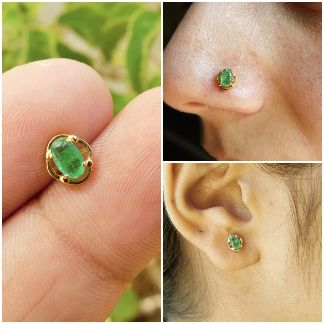 14K Gold Oval Natural Emerald Nose Pin and Stud Piercing Prong Set ...