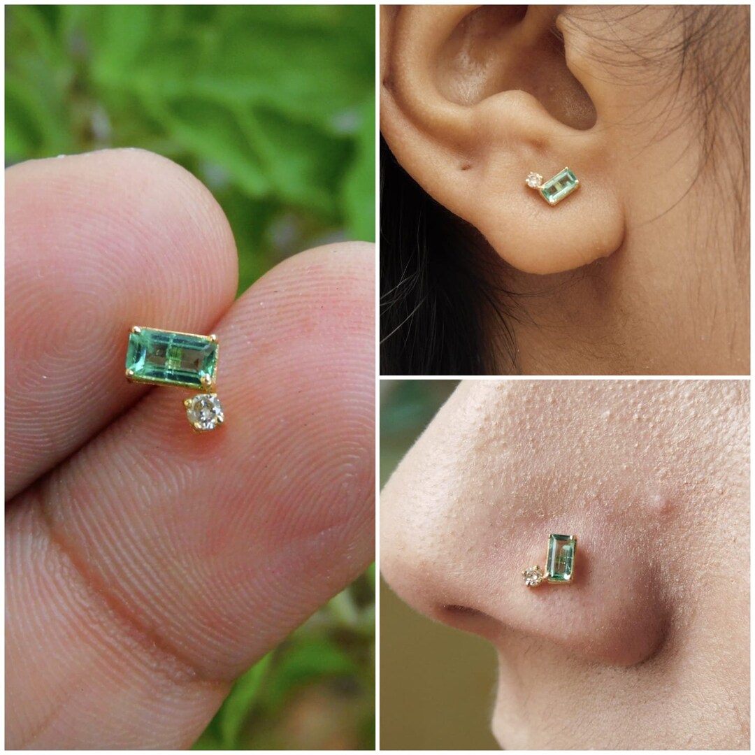 14K Gold Natural Emerald and Diamond Piercing & Indian Nose Pin Tiny ...
