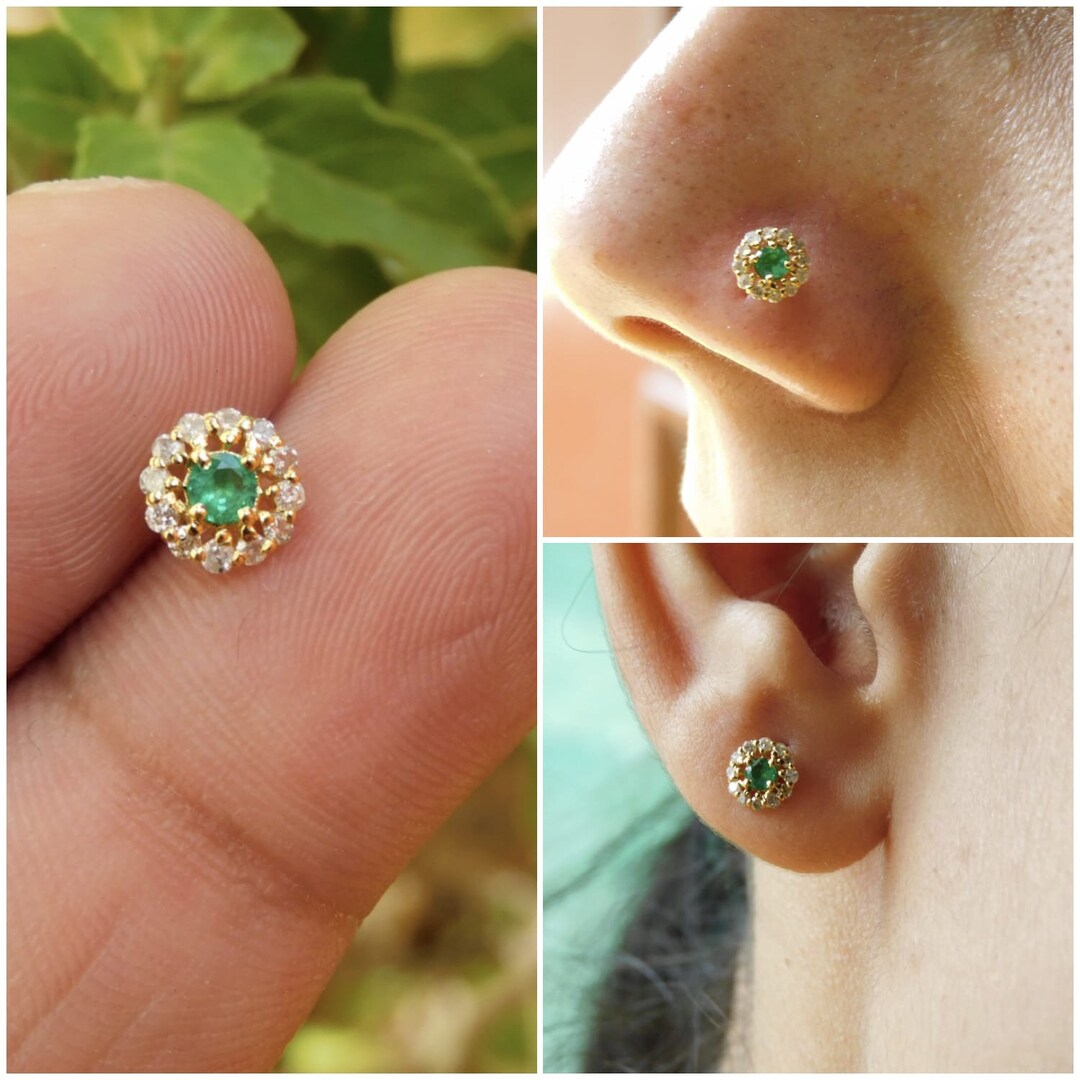 14k Solid Gold Natural Emerald Diamond Piercing and Indian Nose Pin ...