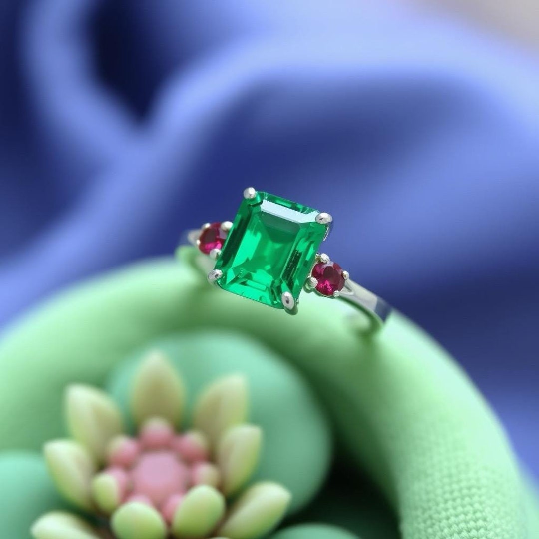 3 Carat Zambia Emerald Ring - 14k Gold Ruby Emerald Ring - Emerald Cut ...