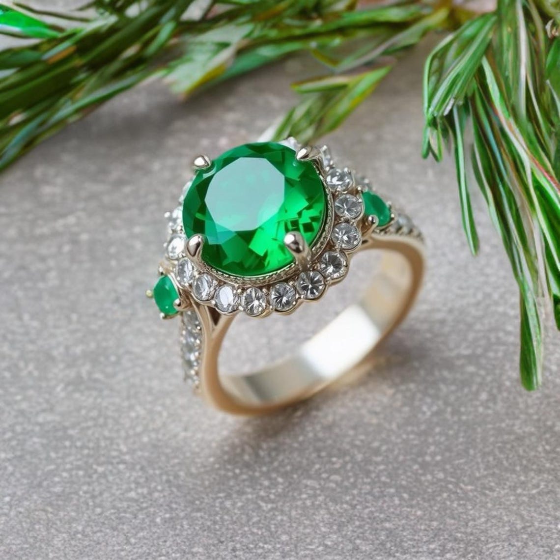 14k Gold Round Real Emerald Ring – May Birthstone, Diamond Halo - Etsy
