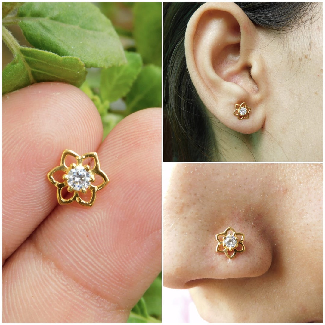 Genuine Diamond Piercing - 14k Gold Piercing - Indian Nose Pin - Stud ...