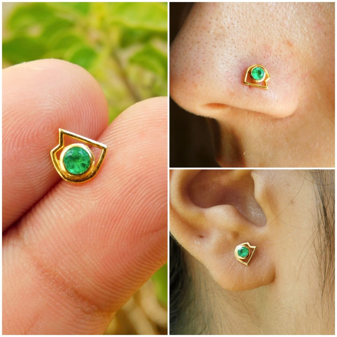 14k Solid Gold Real Emerald Nose Pin and Stud Piercing for Women ...