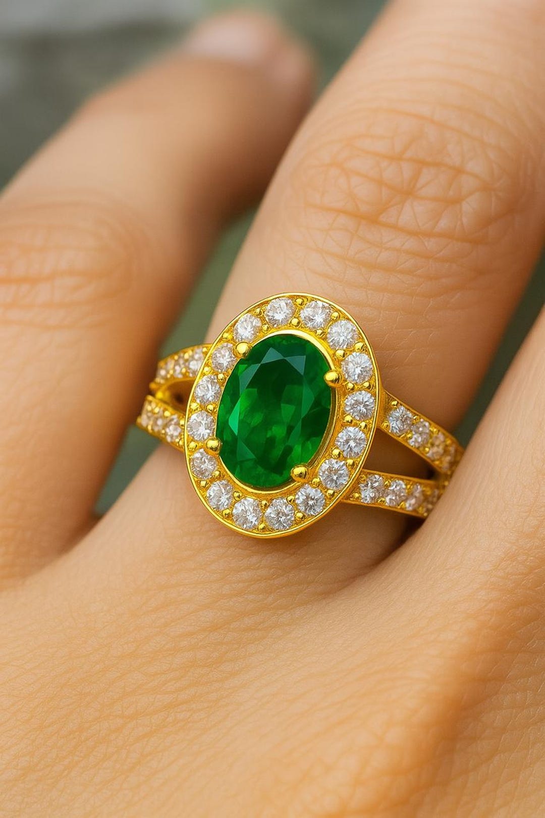 Oval Emerald Diamond Ring - 14k Gold Dual Band, May Birthstone - Etsy