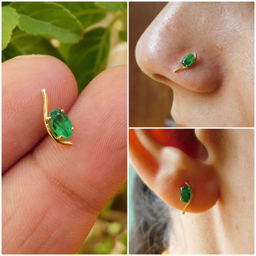 14K Gold Oval Natural Emerald Nose Pin and Stud Piercing Prong Set ...
