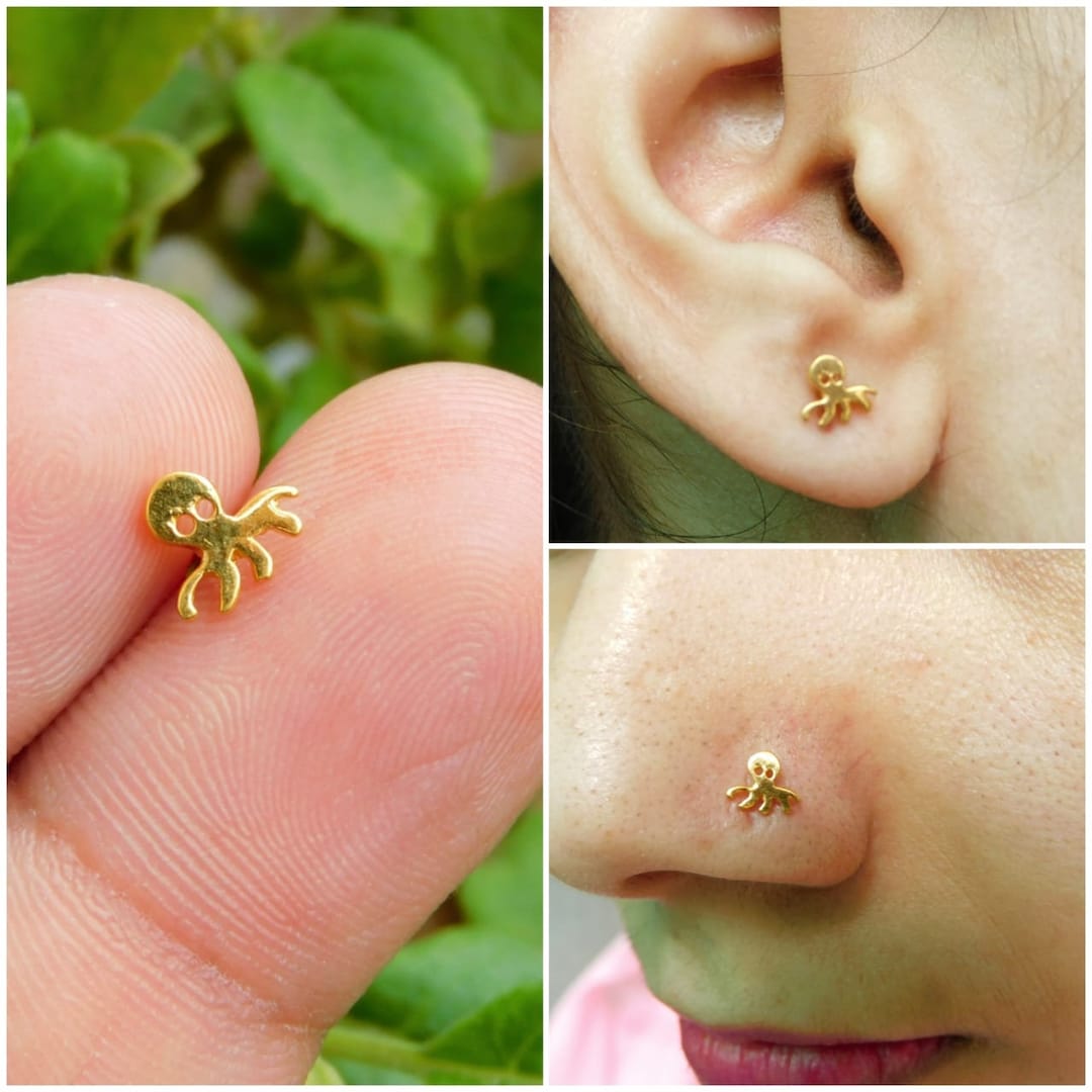 14k Solid Gold Tiny Octopus Piercing - State Nose Pin - Animal Stud ...