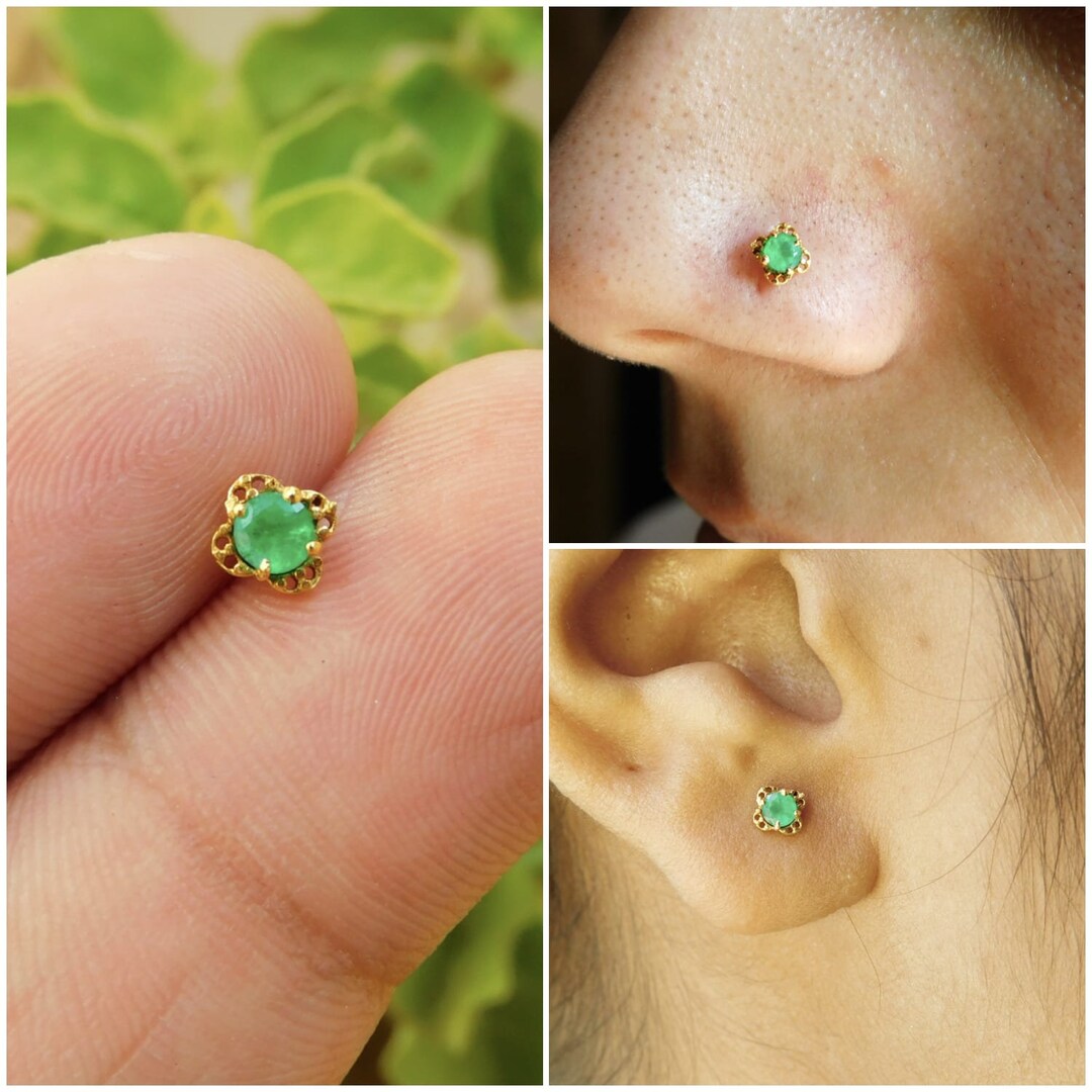 14K Gold Natural Emerald Indian Nose Pin and Emerald Piercing for Women ...