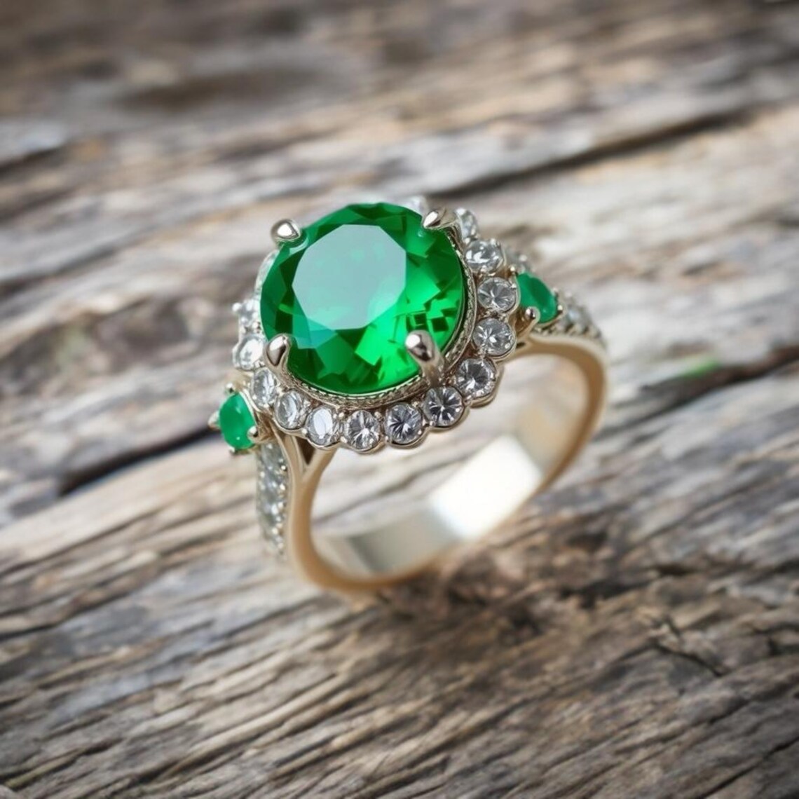 14k Gold Round Real Emerald Ring – May Birthstone, Diamond Halo - Etsy
