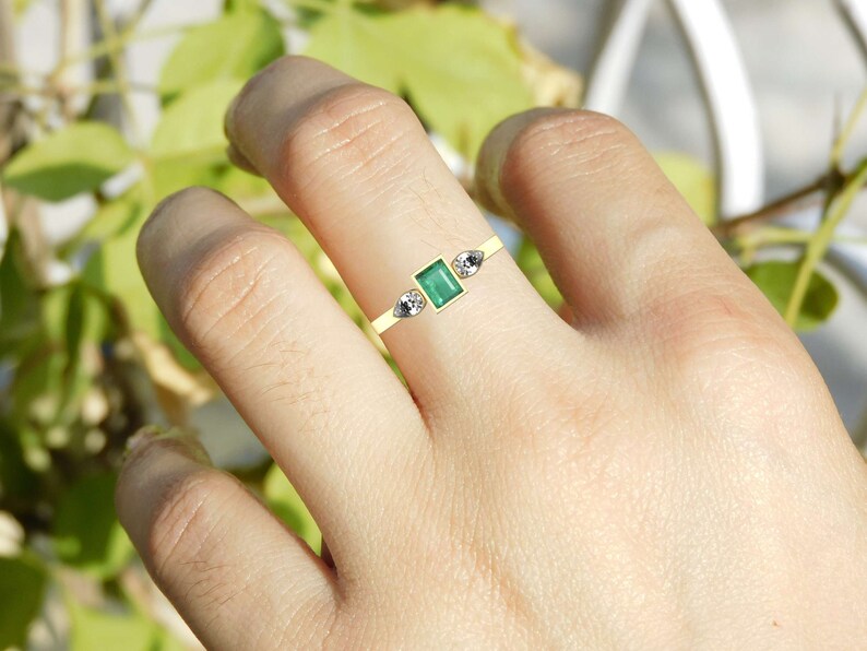 1.10 Carat Natural Emerald Ring 14k Gold Bridal Emerald Ring Vintage Emerald Ring 3 Stone Ring ...
