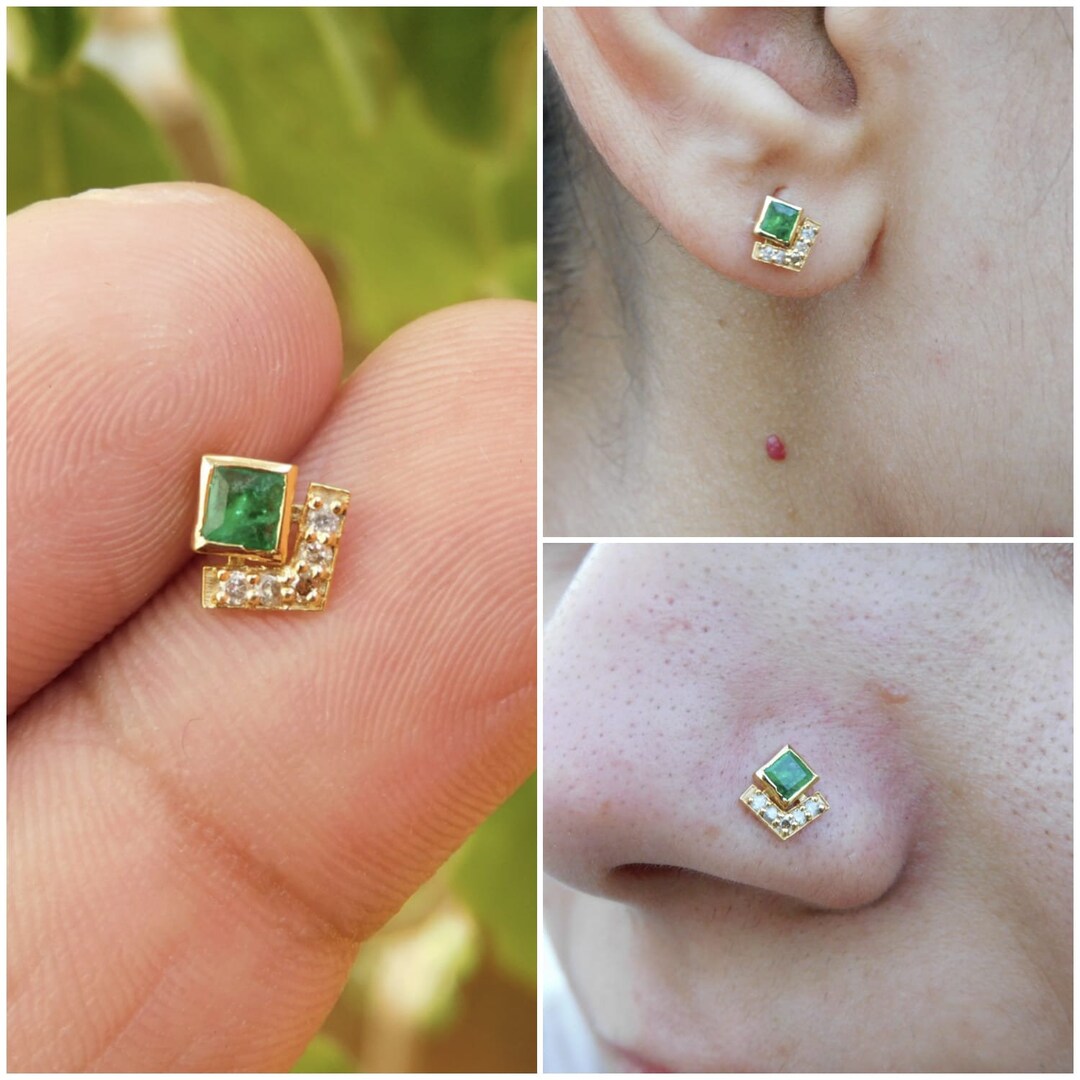 14K Gold Genuine Emerald and Diamond Piercing Indian Nose Ring , May ...