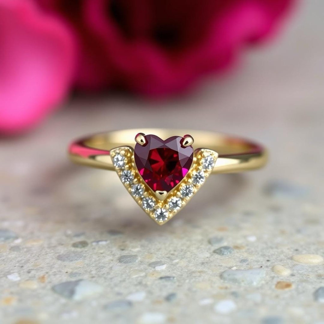 Heart Ruby Ring - 14k Gold Diamond Ruby Ring - Valentines Day Gift Ring for Girlfriend - Natural ...