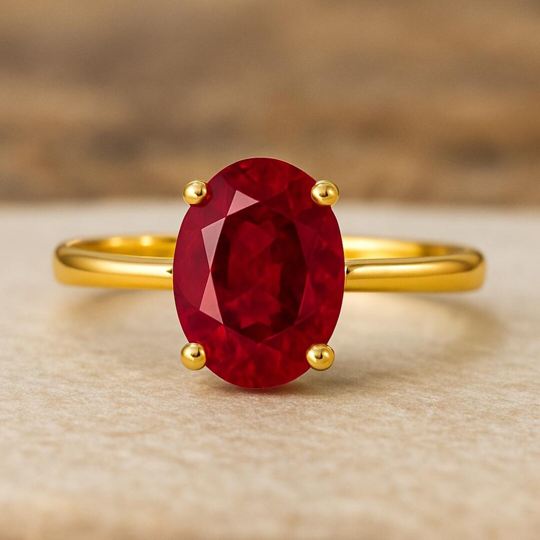 Solitaire Ruby Ring - 14k Solid Gold Lab Ruby Ring - 3.80 Crt Oval Ruby ...
