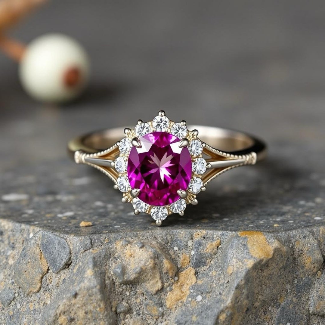 Genuine Pink Ruby Ring - 14k Gold Oval Ruby Diamond Ring - Halo Ruby ...
