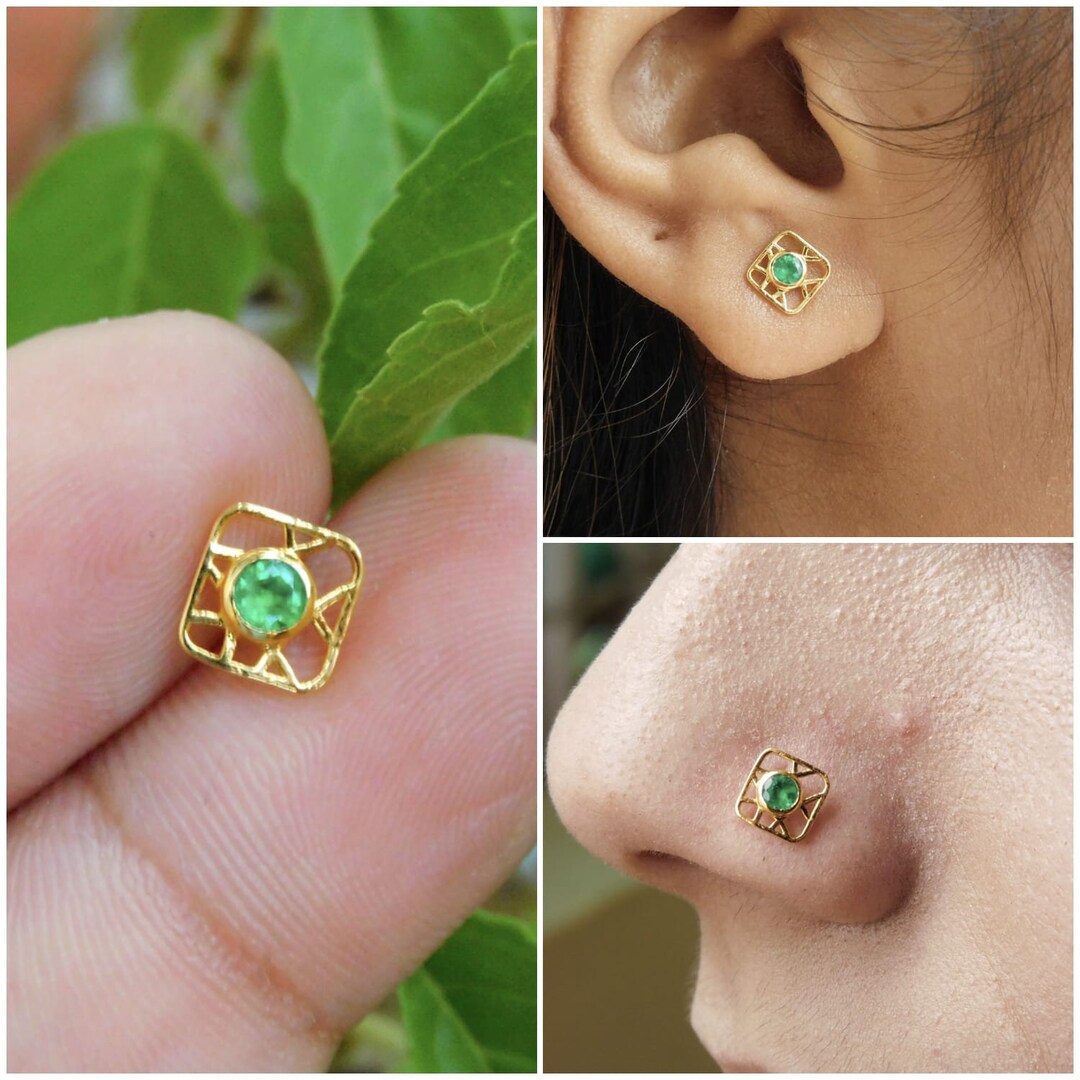 14K Gold Real Emerald Indian Nose Ring and Stud Piercing for Women ...