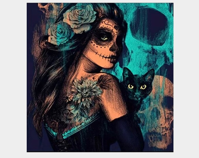 Stamped Cross Stitch Kit, Undead Girl, Goth Girl, Black Cat, Kitty ...