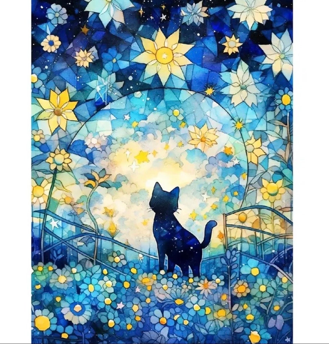 Diamond Painting Kit, Black Cat in Watercolor Flower Garden, Stained ...