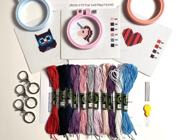 Cross Stitch Keychain Kit, Set of 3, Owl, Heart, Unicorn Cross Stitch ...