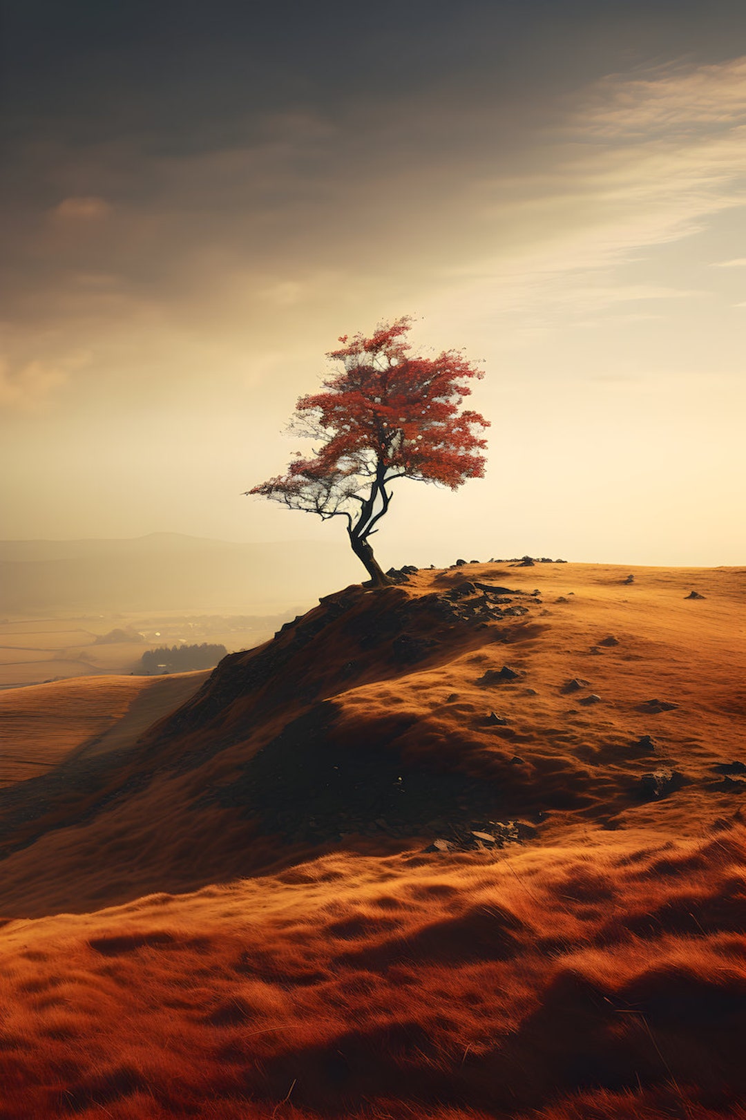 Moody Autumn Lone Tree Digital Print - Lone Tree in Autumn on Hill at ...