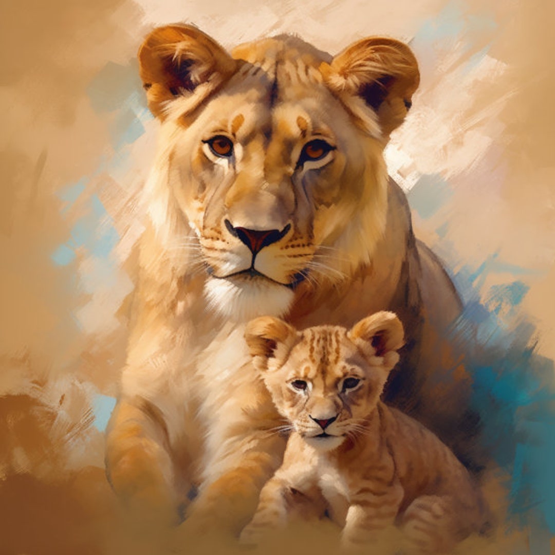 Painting of Lion Mama With Lion Baby Digital Download - Etsy