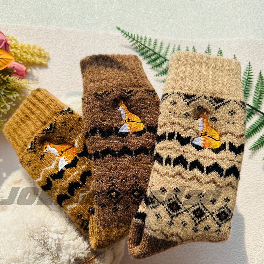 Embroidered Fox Socks, Winter Cotton Blend Novelty Crew Socks - Etsy