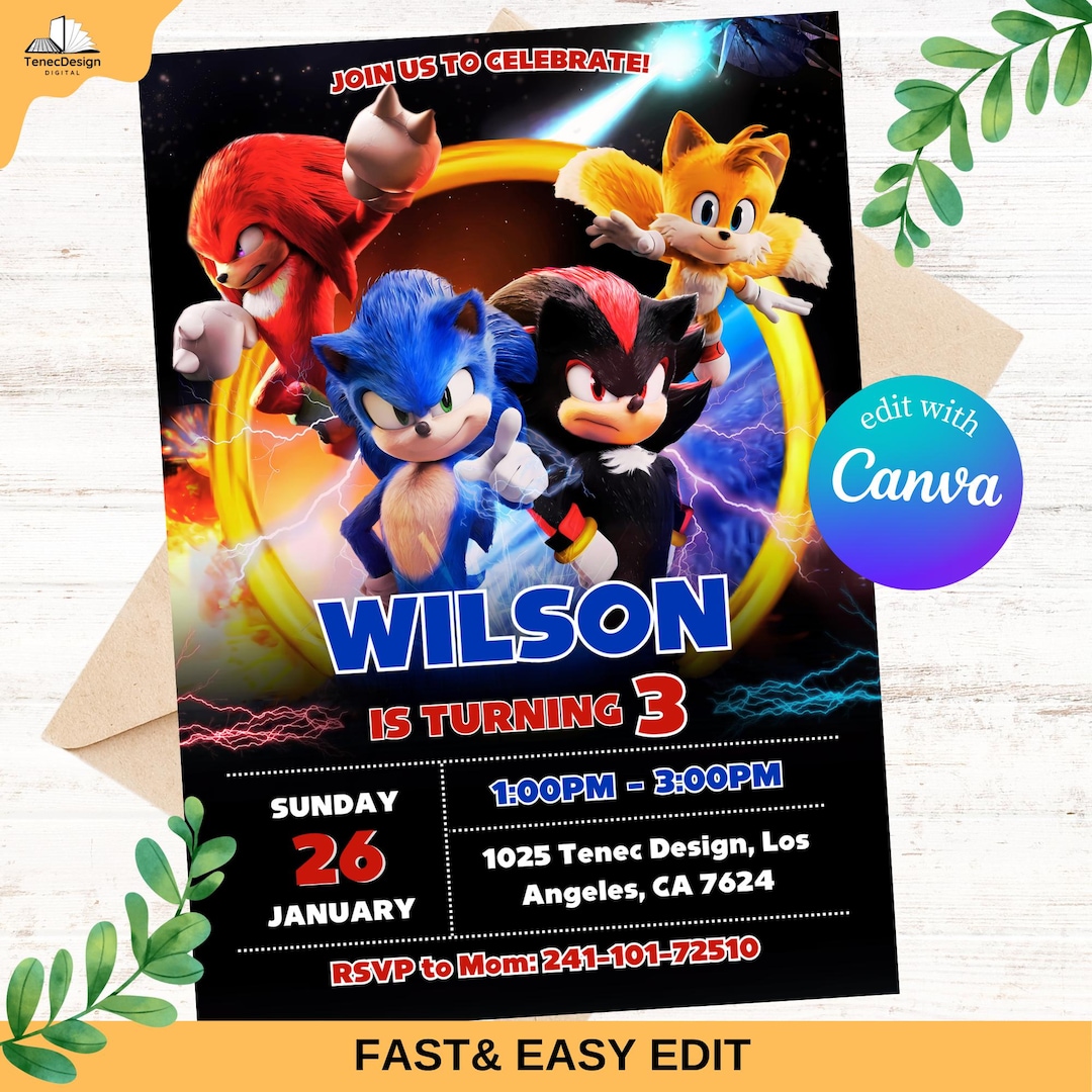 Invitación de cumpleaños de Sonic 3, invitación para fiesta de Super ...