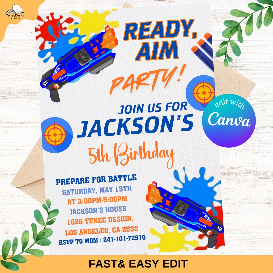 Kids Editable Nerf Birthday Invitation Template, Printable Birthday ...