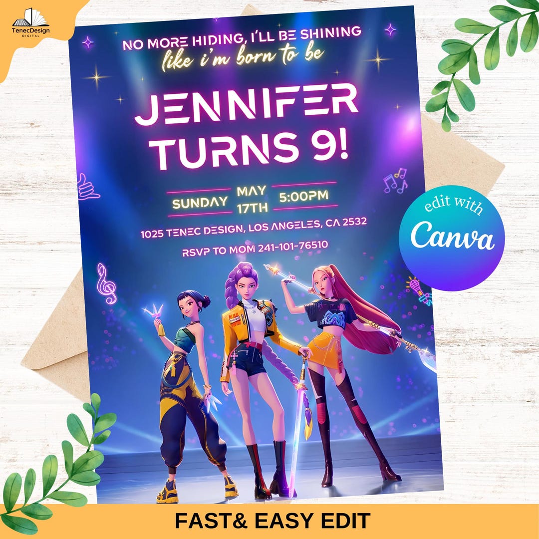 Kpop Demon Hunter Birthday Invitation, Editable Canva Template, Kpop ...