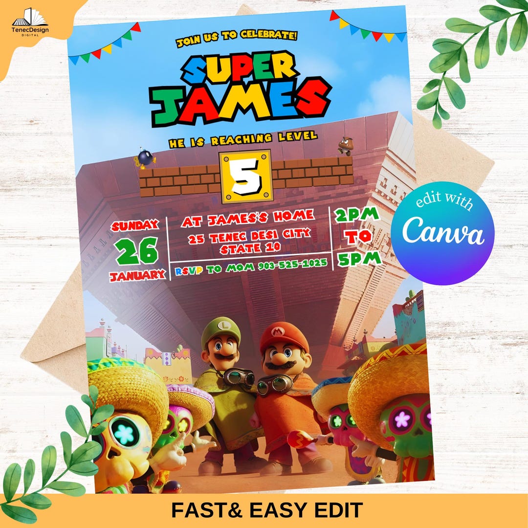 Mario Galaxy Birthday Invitation, Editable Canva Template (5x7 ...