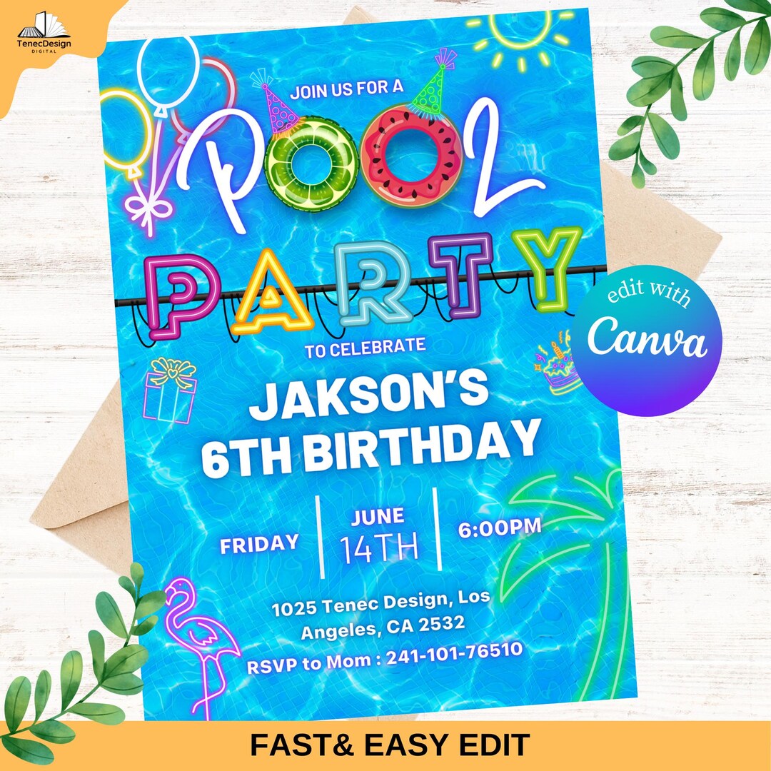 Pool Party Editable Invitation, Summer Birthday Party Evite, Text ...