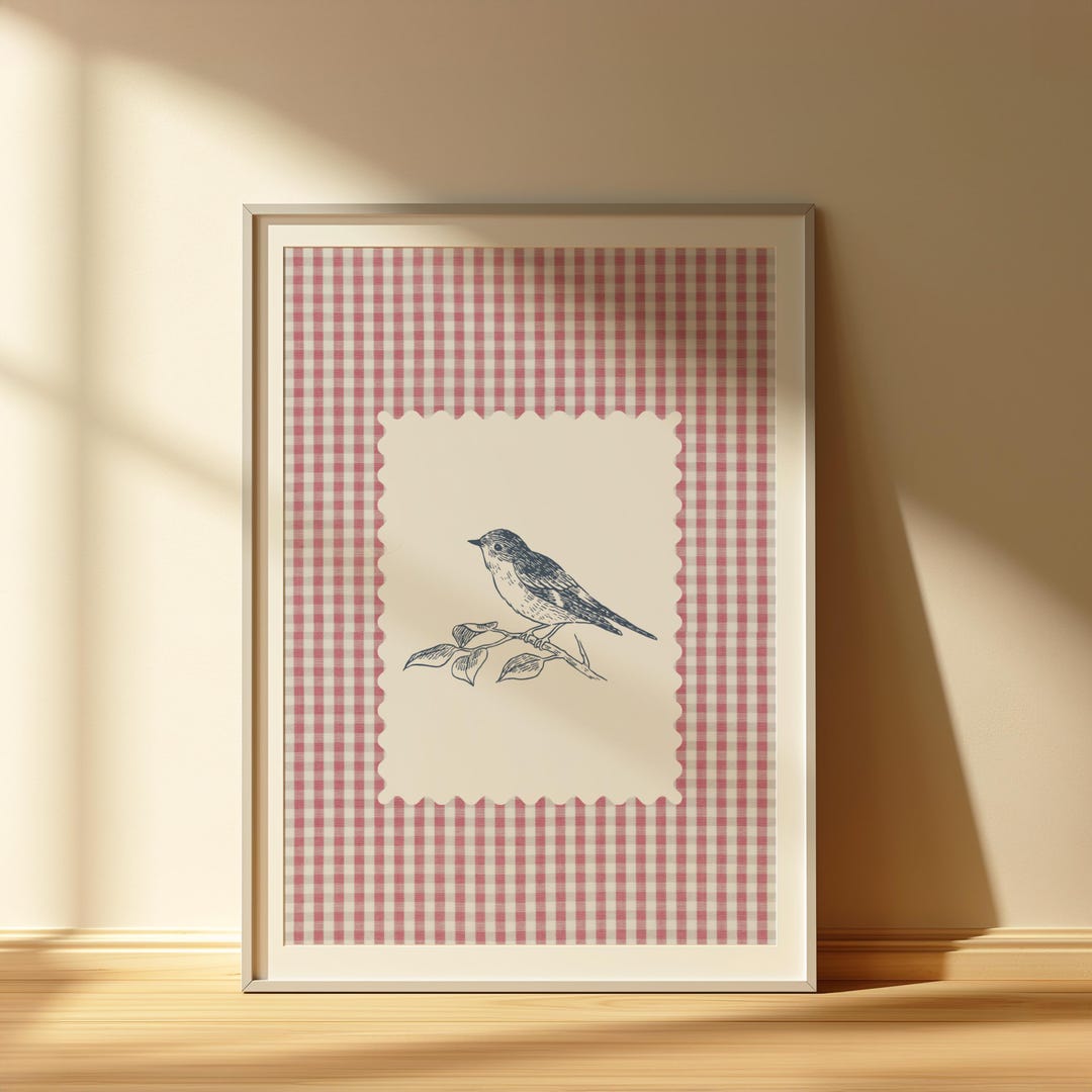 Vintage Bird Wren Gingham Print , Printable Wall Art, for Home and ...