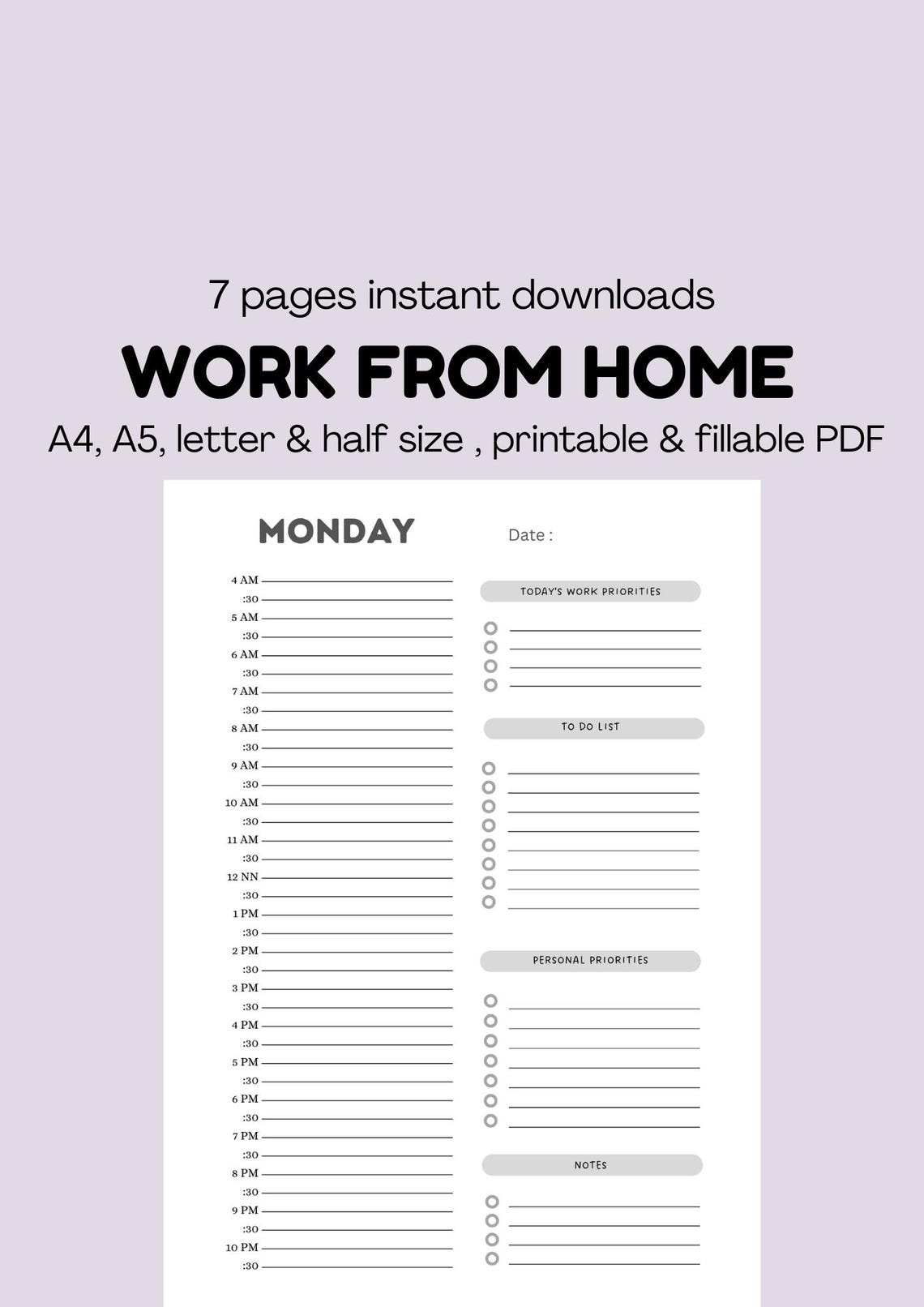 Work From Home Planner, Personal Daily Planner, Daily Hourly Planner ...