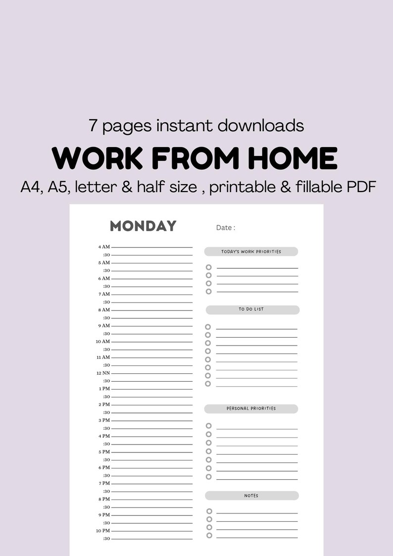 Work From Home Planner, Personal Daily Planner, Daily Hourly Planner ...