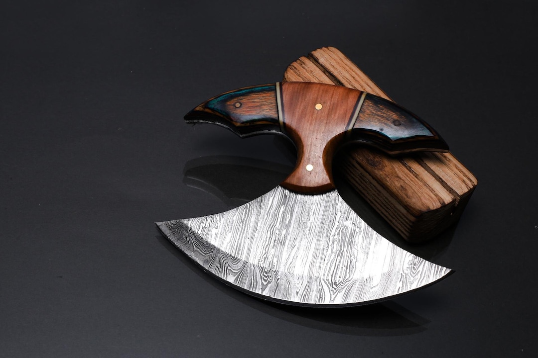 Handmade Real Damascus Steel Ulu Knife With Wood Stand , Pizza Cutter ...