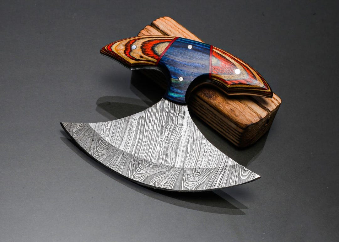 Handmade Real Damascus Steel Ulu Knife With Wood Stand , Pizza Cutter ...