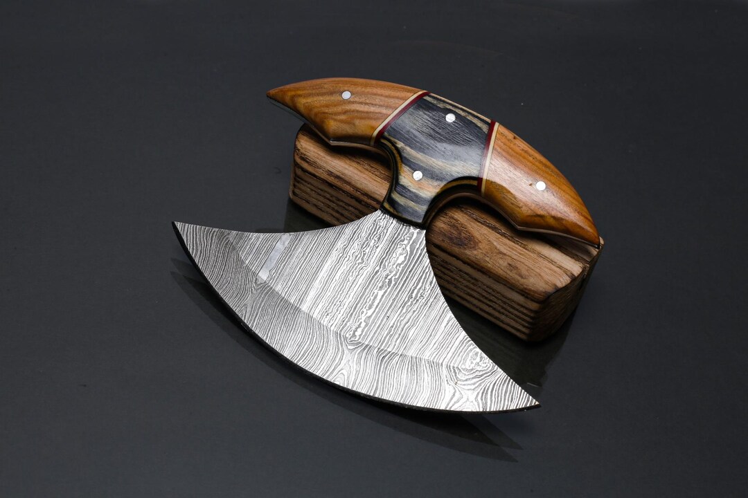 Handmade Real Damascus Steel Ulu Knife With Wood Stand , Pizza Cutter ...