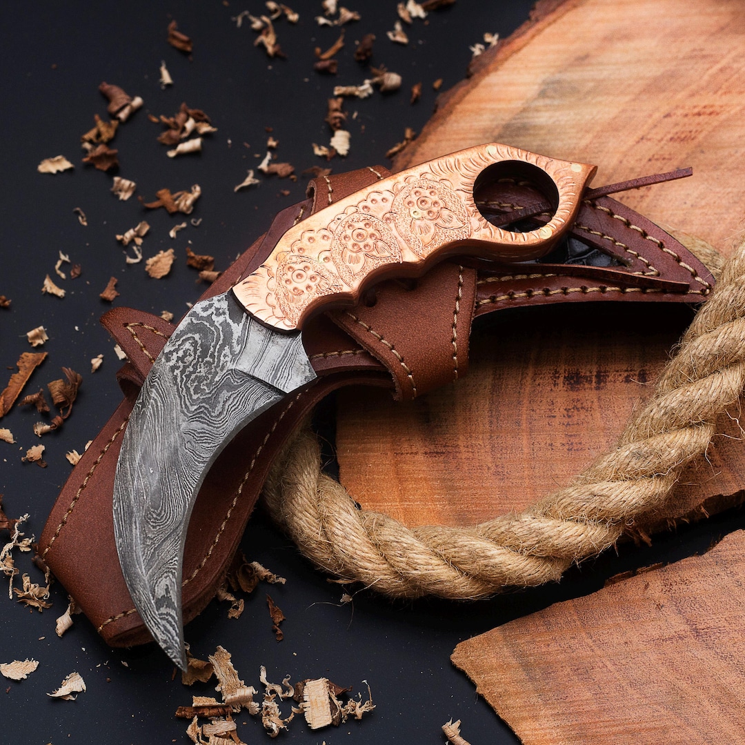 Custom Handmade Damascus Steel Karambit Knife With Engraved Copper ...