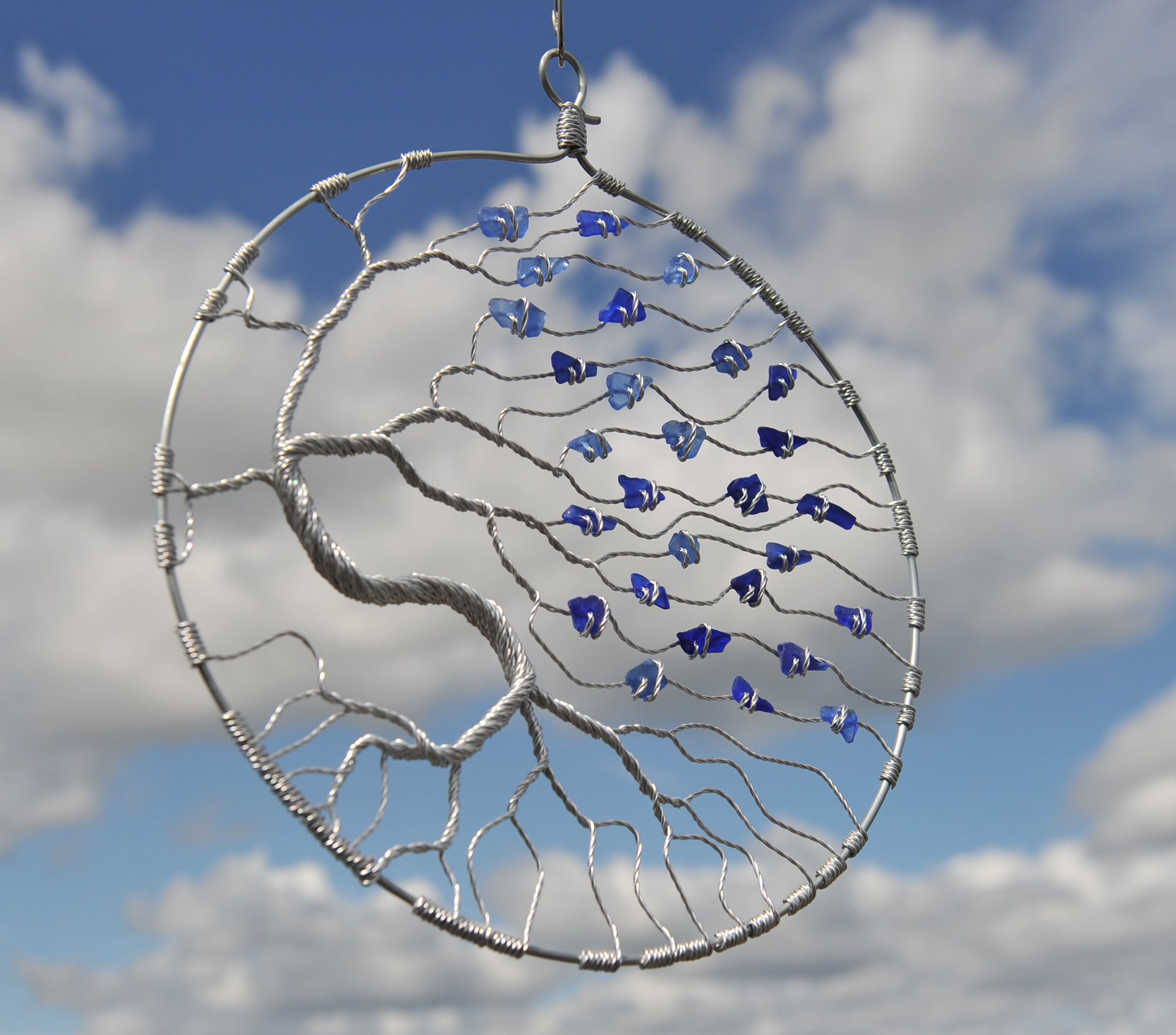 Sea Glass Tree of Life Suncatcher for Window, Twisted Silver Aluminium ...