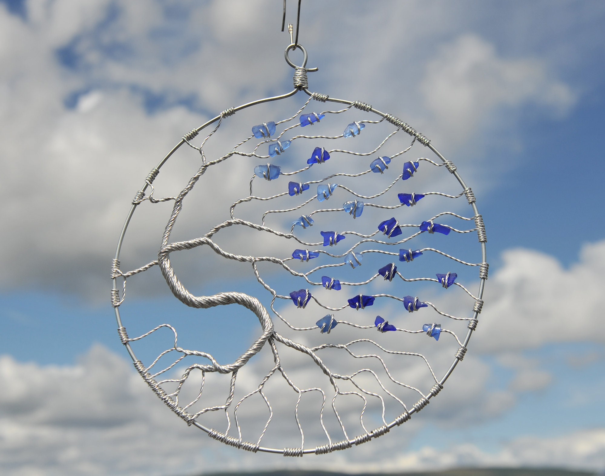 Sea Glass Tree of Life Suncatcher for Window, Twisted Silver Aluminium ...
