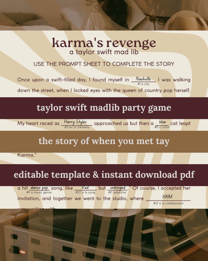 Taylor Swift Karma Printable Mad Lib Game Funny Bachelorette Etsy